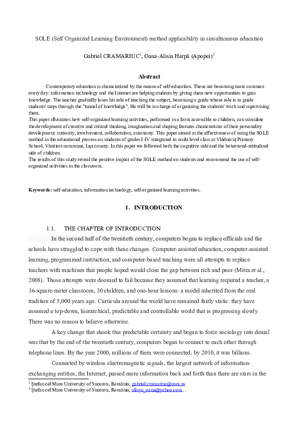 (DOC) SOLE (Self Organized Learning Environment) method applicability ...