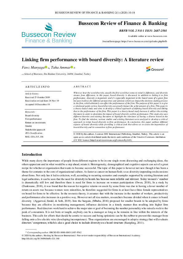 (PDF) Linking firm performance with board diversity: A literature review