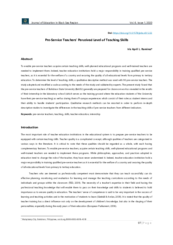 (PDF) Pre-Service Teachers' Perceived Level of Teaching Skills