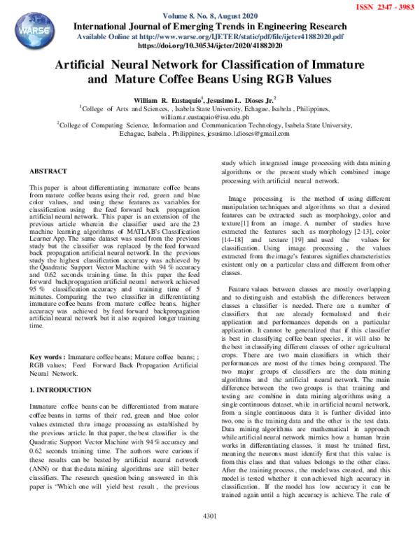(PDF) Artificial Neural Network for Classification of Immature and Mature Coffee Beans Using RGB ...