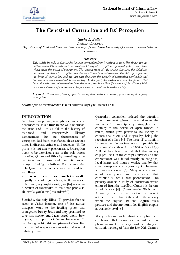 (PDF) National Journal of Criminal Law The Genesis of Corruption and ...
