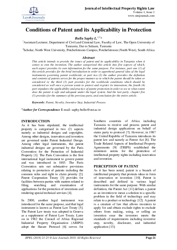 (PDF) Journal of Intellectual Property Rights Law Conditions of Patent ...