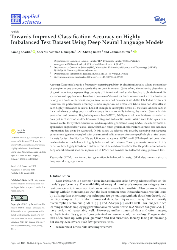 (PDF) Towards Improved Classification Accuracy on Highly Imbalanced Text Dataset Using Deep ...