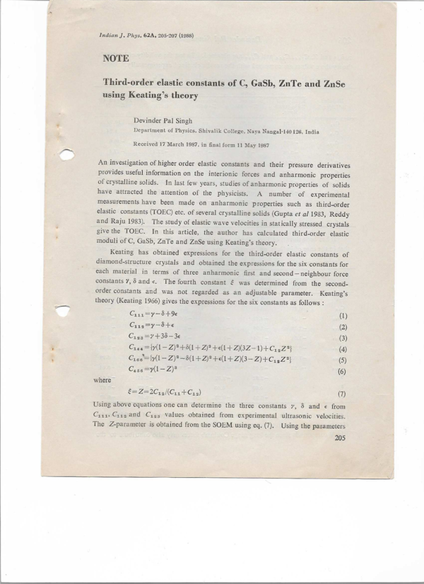 (PDF) Third-order Elastic Constants of C, GaSb, ZnTe, and ZnSe using Keating's Theory