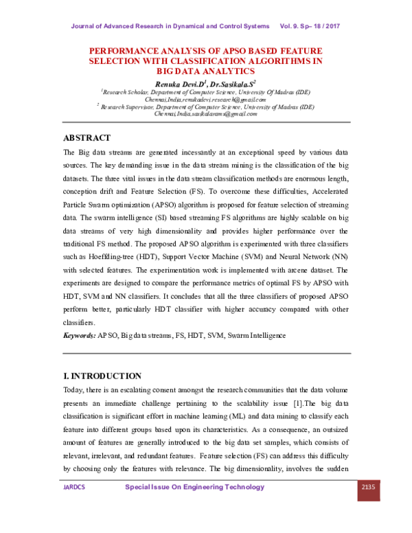(PDF) PERFORMANCE ANALYSIS OF APSO BASED FEATURE SELECTION WITH ...