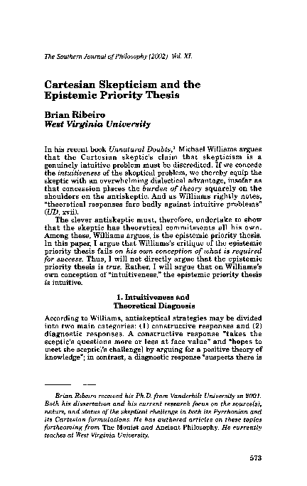 (PDF) Cartesian Skepticism and the Epistemic Priority Thesis