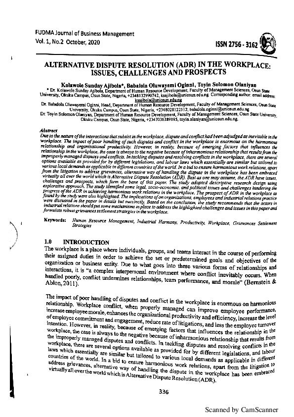 (PDF) Alternative Dispute Resolution (ADR) in the workplace: Issues ...