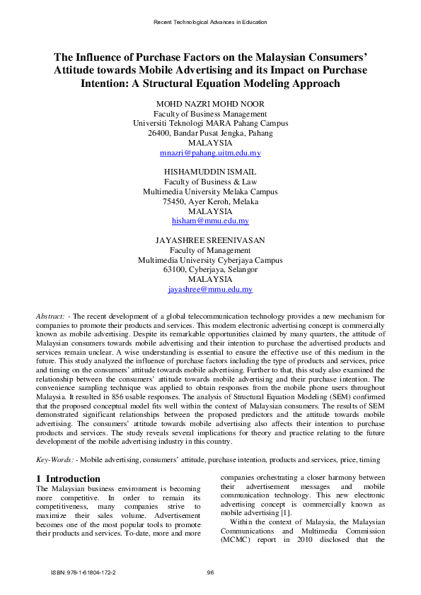 Pdf The Influence Of Purchase Factors On The Malaysian Consumers Attitude Towards Mobile