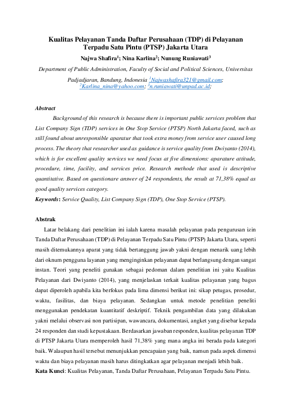 (PDF) Kualitas Pelayanan Tanda Daftar Perusahaan (TDP) di Pelayanan Terpadu Satu Pintu (PTSP ...