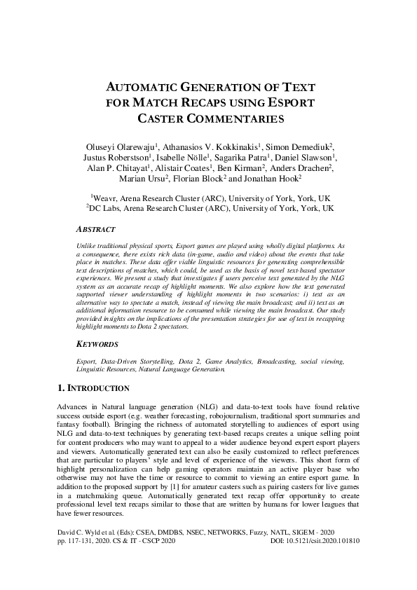 (PDF) AUTOMATIC GENERATION OF TEXT FOR MATCH RECAPS USING ESPORT CASTER ...