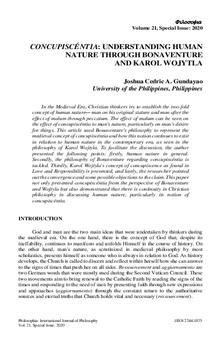 (PDF) CONCUPISCÉNTIA: UNDERSTANDING HUMAN NATURE THROUGH BONAVENTURE ...