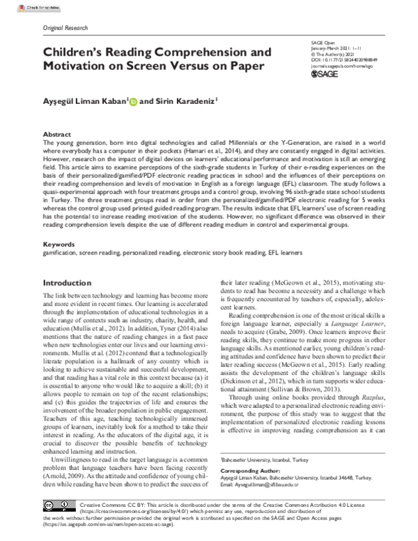 (PDF) Children’s Reading Comprehension and Motivation on Screen Versus ...