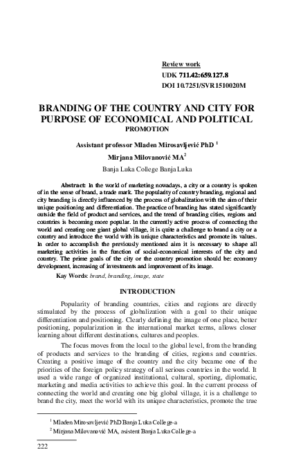 (PDF) BRANDING OF THE COUNTRY AND CITY FOR PURPOSE OF ECONOMICAL AND ...