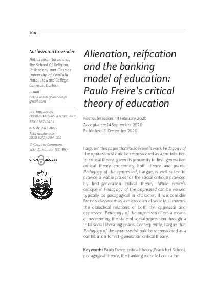 (PDF) Alienation, reification and the banking model of education: Paulo ...
