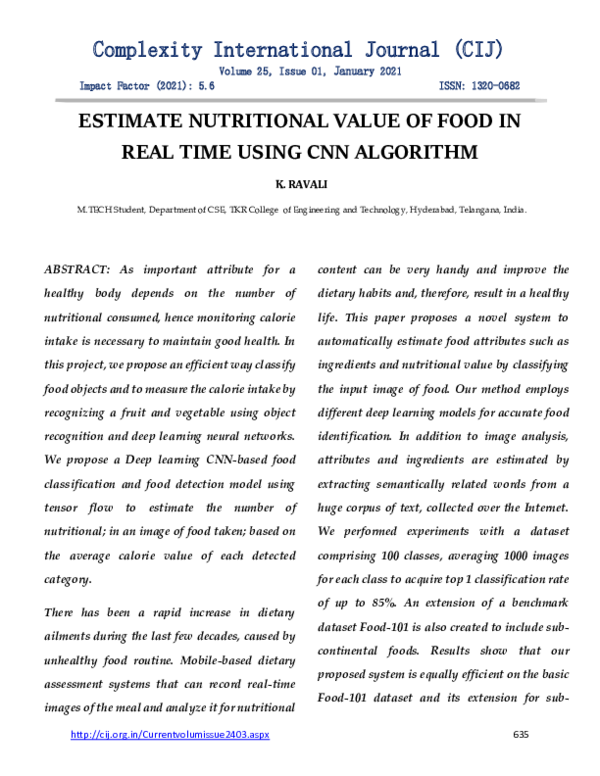 (PDF) ESTIMATE NUTRITIONAL VALUE OF FOOD IN REAL TIME USING CNN ALGORITHM