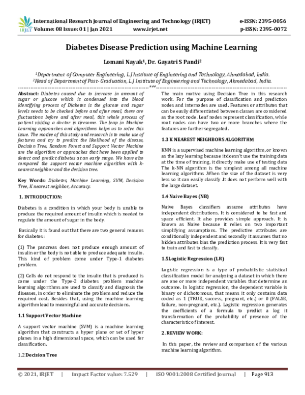 (PDF) IRJET- Diabetes Disease Prediction using Machine Learning