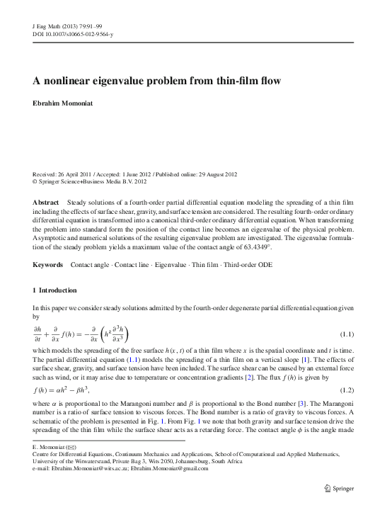 (PDF) A nonlinear eigenvalue problem from thin-film flow