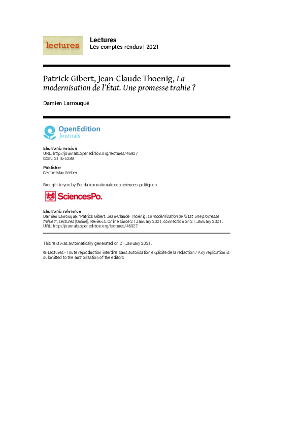 (PDF) Patrick Gibert, Jean-Claude Thoenig, La Modernisation de l’État ...