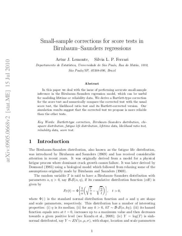 Pdf Small Sample Corrections For Score Tests In Birnbaum Saunders Regressions