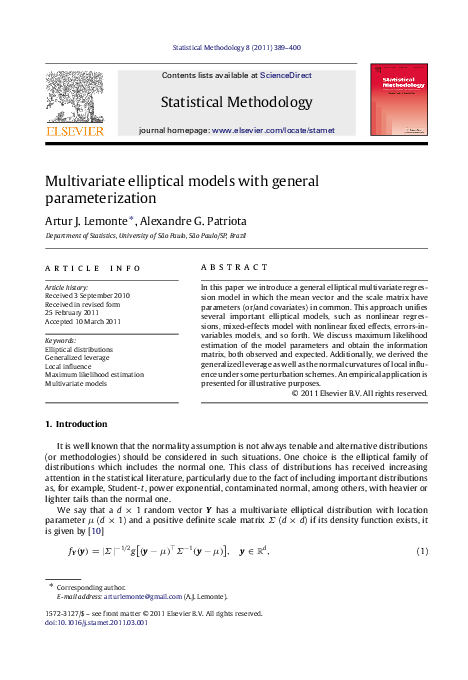 Pdf Multivariate Elliptical Models With General Parameterization