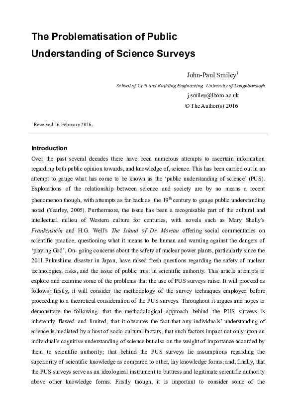 (PDF) The Problematisation of Public Understanding of Science Surveys