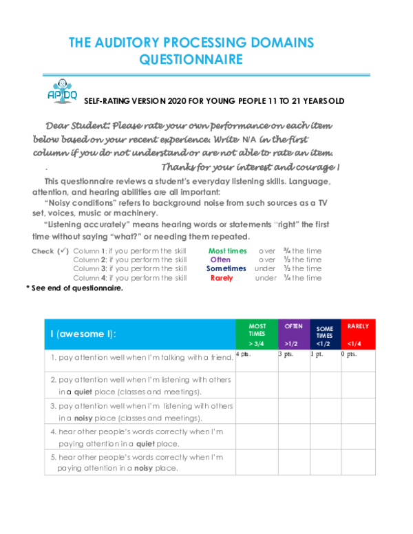 (PDF) THE AUDITORY PROCESSING DOMAINS QUESTIONNAIRE SELF-RATING VERSION ...
