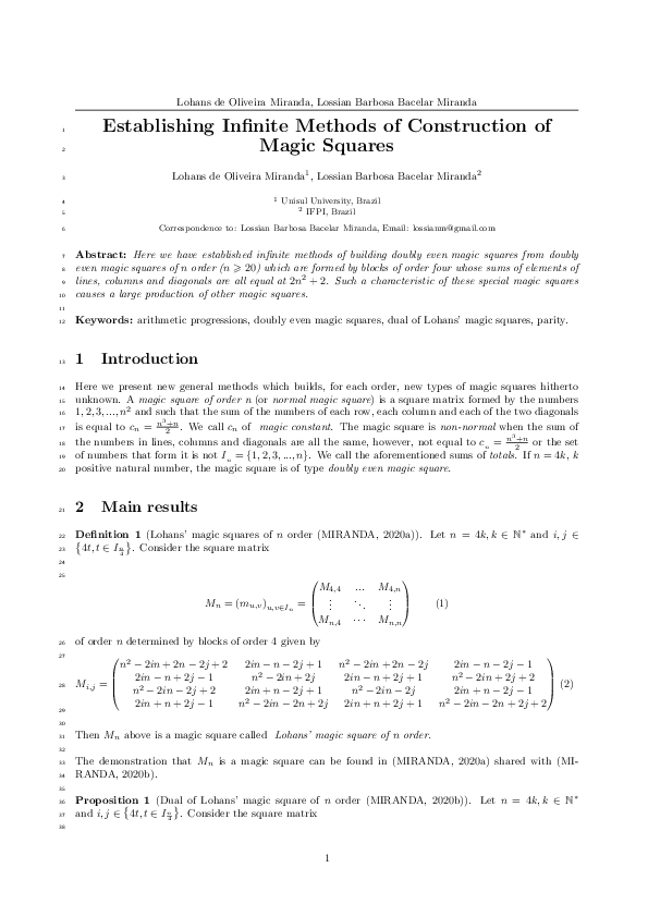 (PDF) Establishing Infinite Methods of Construction of Magic Squares