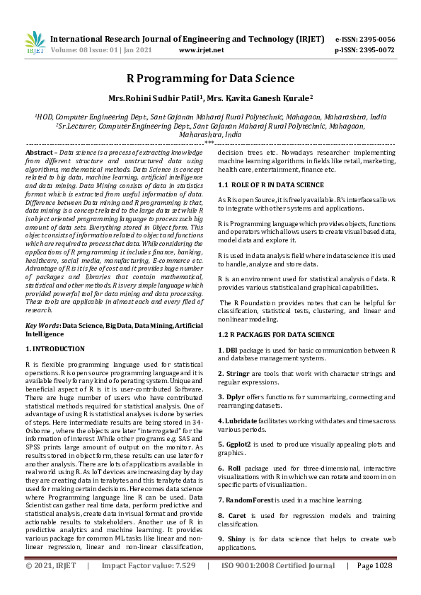 (PDF) IRJET- R Programming for Data Science