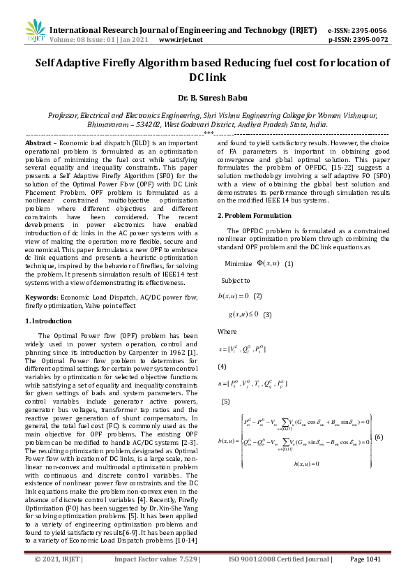 (PDF) IRJET- Self Adaptive Firefly Algorithm based Reducing fuel cost for location of DC link
