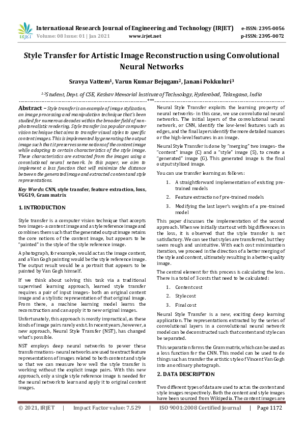 (PDF) IRJET- Style Transfer for Artistic Image Reconstruction using Convolutional Neural Networks