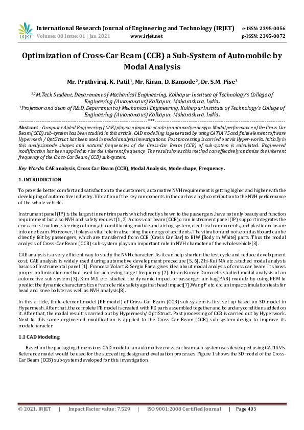 (PDF) IRJET- Optimization of Cross-Car Beam (CCB) a Sub-System of ...