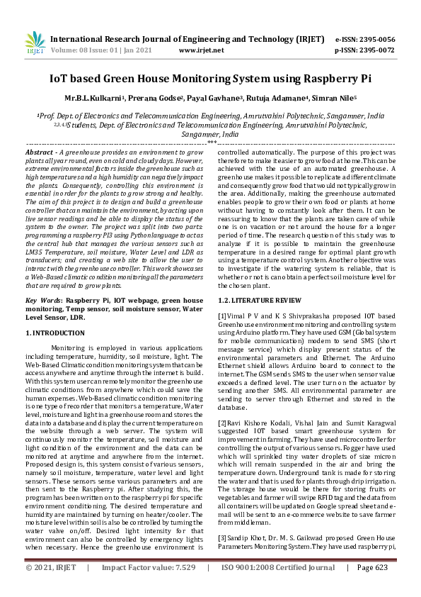 (PDF) IoT based Green House Monitoring System using Raspberry Pi (PDF) IoT based Green House Monitoring System using Raspberry Pi