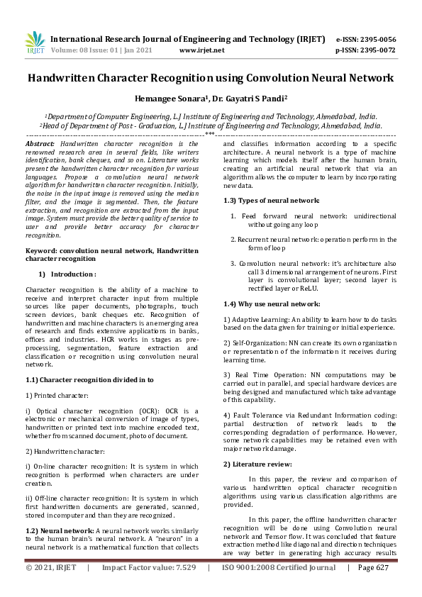 Pdf Irjet Handwritten Character Recognition Using Convolution Neural Network
