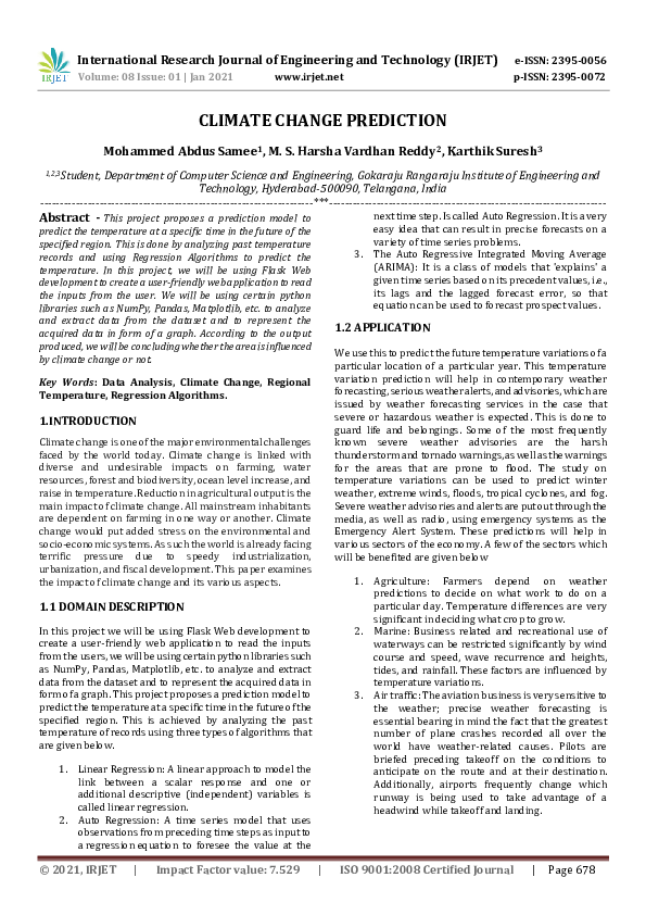 (PDF) IRJET- CLIMATE CHANGE PREDICTION