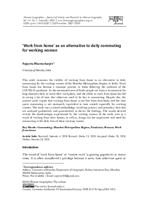 (PDF) 'Work from home' as an alternative to daily commuting for working ...