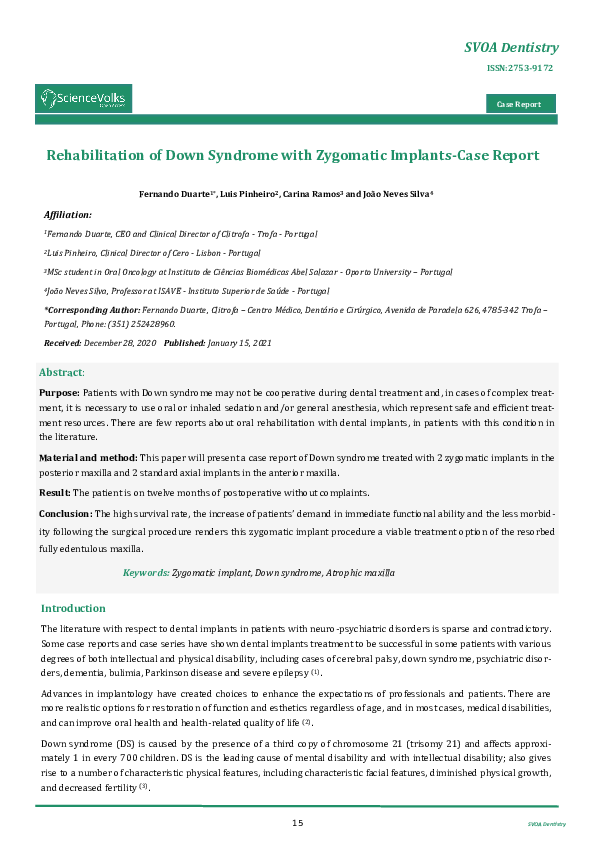 (PDF) Rehabilitation of Down Syndrome with Zygomatic Implants-Case ...