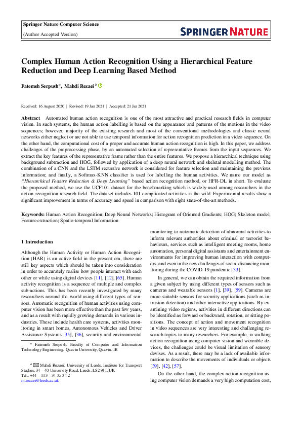 Pdf Complex Human Action Recognition Using A Hierarchical Feature Reduction And Deep Learning