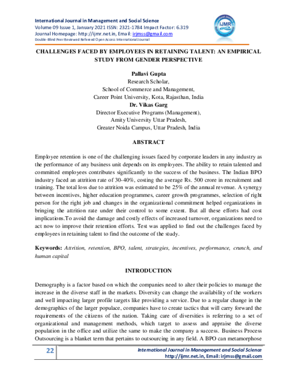 (PDF) CHALLENGES FACED BY EMPLOYEES IN RETAINING TALENT: AN EMPIRICAL ...