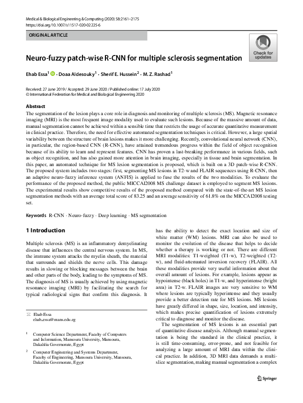 (PDF) Neuro-fuzzy patch-wise R-CNN for multiple sclerosis segmentation