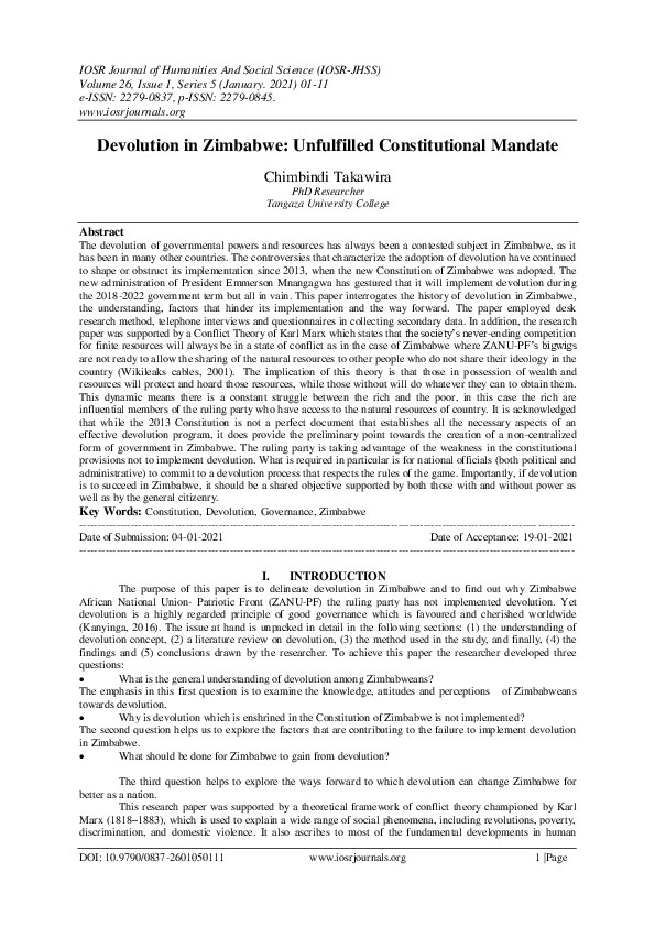 (PDF) Devolution in Zimbabwe: Unfulfilled Constitutional Mandate