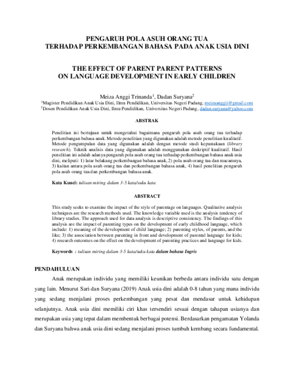 (PDF) PENGARUH POLA ASUH ORANG TUA TERHADAP PERKEMBANGAN BAHASA PADA ANAK USIA DINI THE EFFECT ...
