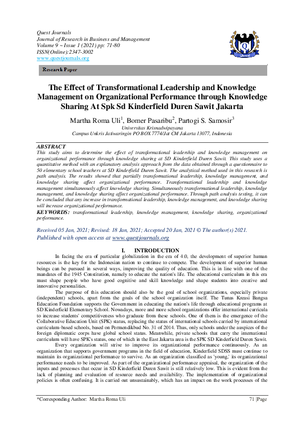 (PDF) The Effect of Transformational Leadership and Knowledge Management on Organizational ...