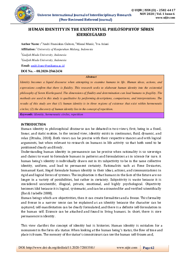 (PDF) HUMAN IDENTITY IN THE EXISTENTIAL PHILOSOPHYOF SØREN KIERKEGAARD