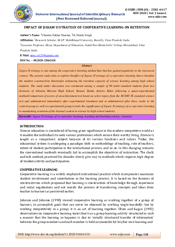 (PDF) IMPACT OF JIGSAW II STRATEGY OF COOPERATIVE LEARNING ON RETENTION