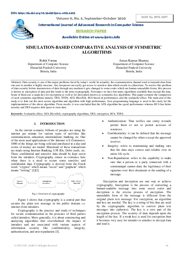 Pdf Simulation Based Comparative Analysis Of Symmetric Algorithms Rohit Verma