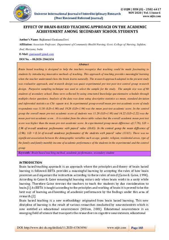 (PDF) EFFECT OF BRAIN-BASED TEACHING APPROACH ON THE ACADEMIC ACHIEVEMENT AMONG SECONDARY SCHOOL ...