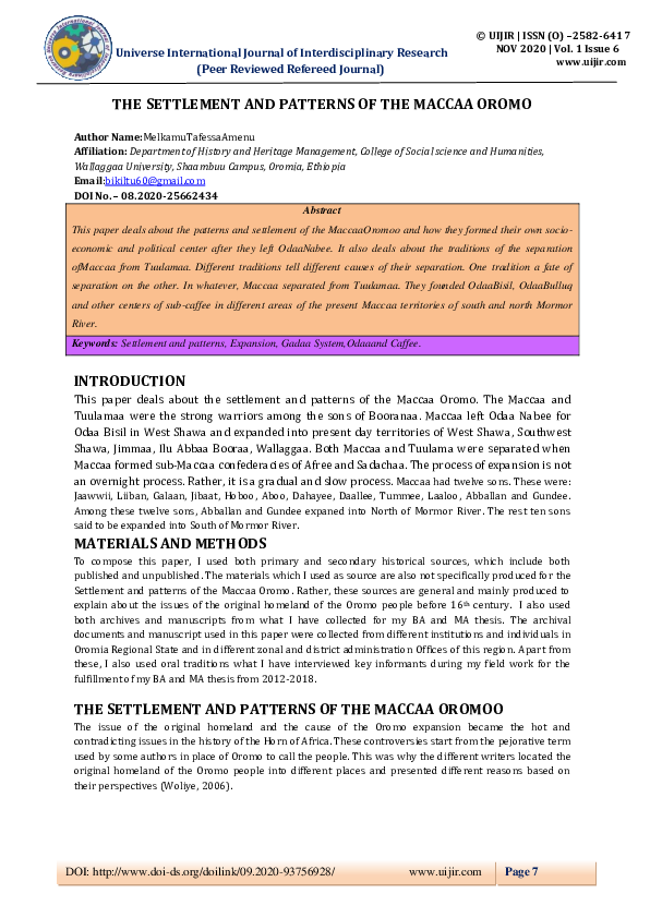 (PDF) THE SETTLEMENT AND PATTERNS OF THE MACCAA OROMO