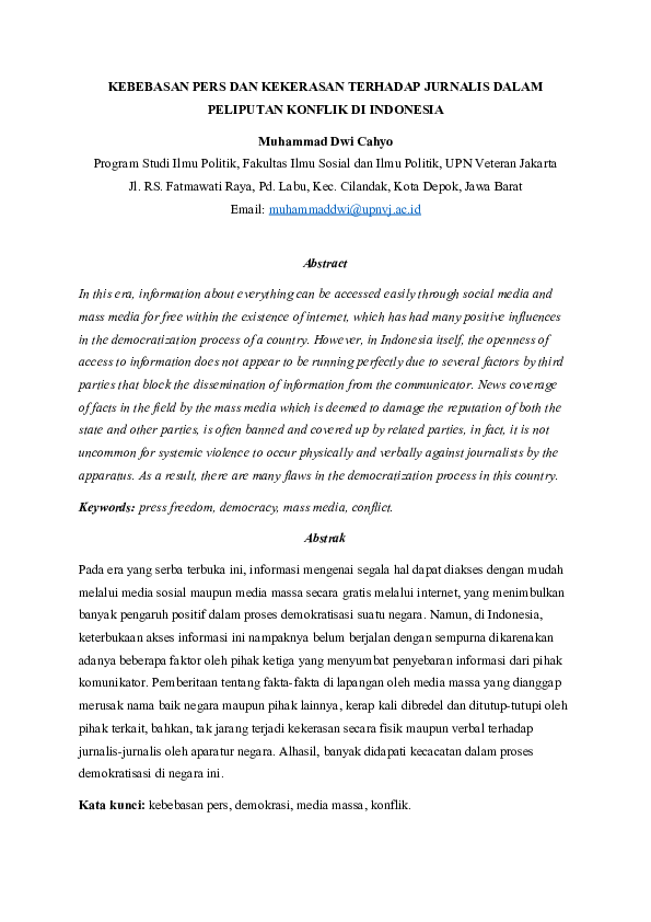 (DOC) Kebebasan Pers dan Kekerasan Terhadap Jurnalis dalam Peliputan Konflik di Indonesia