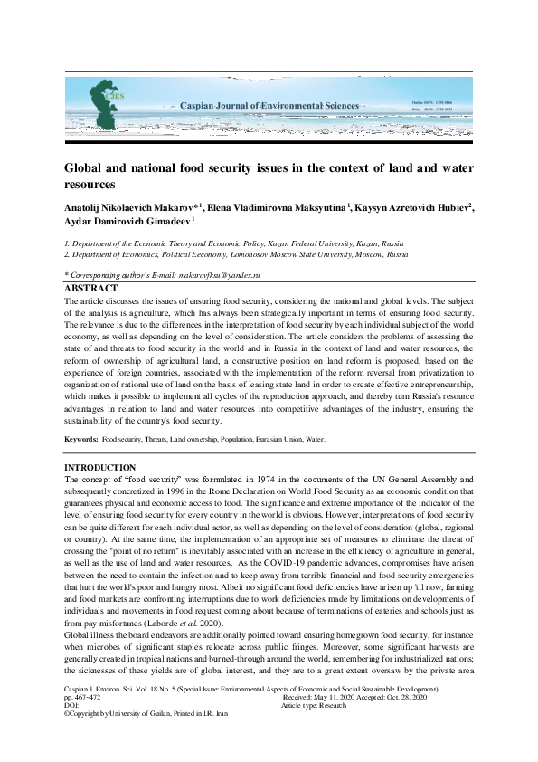 (PDF) Global and national food security issues in the context of land ...