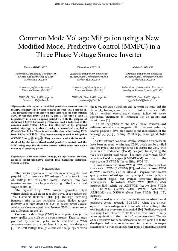 Pdf Common Mode Voltage Mitigation Using A New Modified Model Predictive Control Mmpc In A